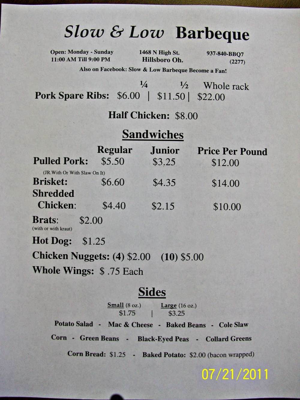 Menu at Slow and Low Barbeque, Hillsboro, 115 W Main St