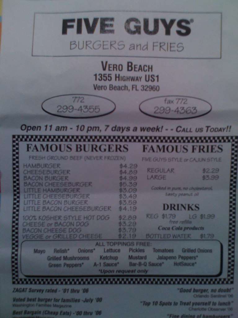 Menu at Five Guys fast food, Vero Beach, US Hwy 1