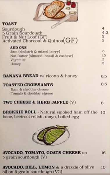 Menu at Black Market Roasters cafe, Enmore