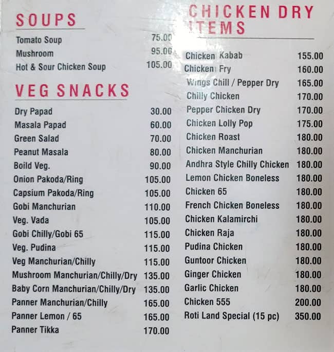Menu of Roti Land, Kengeri, Bangalore