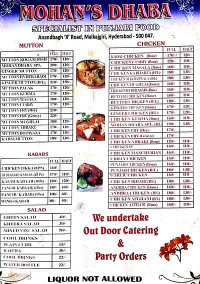 Menu of Mohan's Dhaba, Malkajgiri, Secunderabad