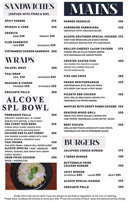 Menu at The Alcove, Chennai