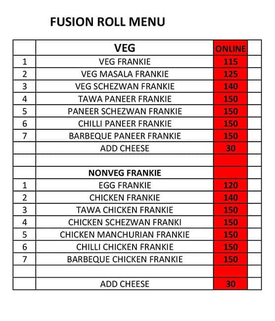 Menu of Fusion Roll, Dahisar East, Mumbai
