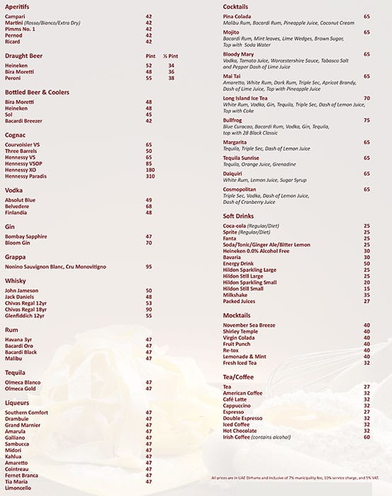 Menu at Luciano's restaurant, Dubai, Habtoor Grand Resort