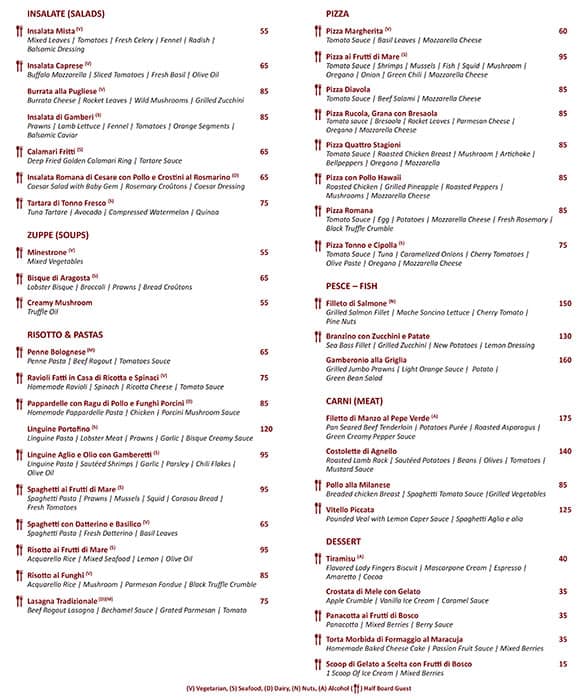 Menu at Luciano's restaurant, Dubai, Habtoor Grand Resort