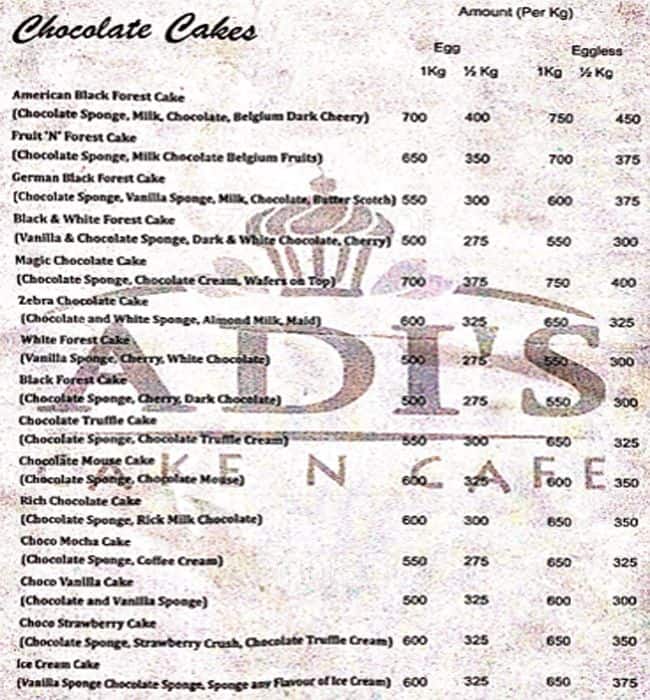 Adi's Cake N Cafe Menu, Menu for Adi's Cake N Cafe, Bannerghatta Road ...