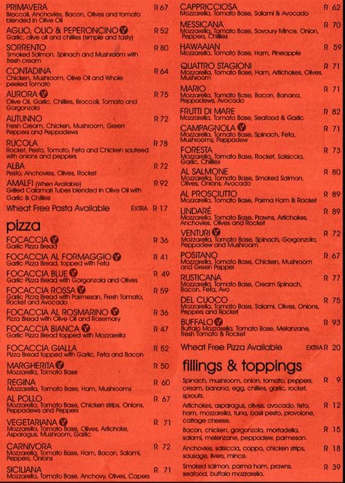 Menu at Cafe Mario, Knysna