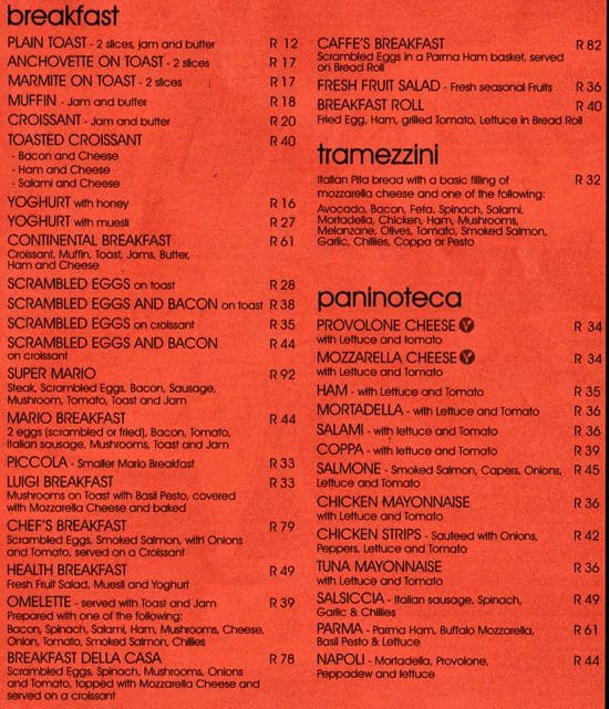 Menu at Cafe Mario, Knysna