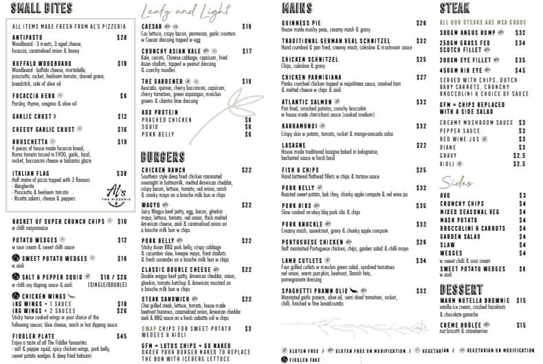 Menu at The Fiddler restaurant, Rouse Hill, Corner of Commercial Road ...