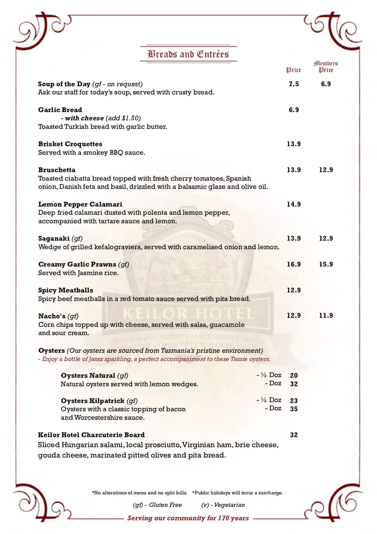 Menu at Keilor Hotel restaurant, Keilor