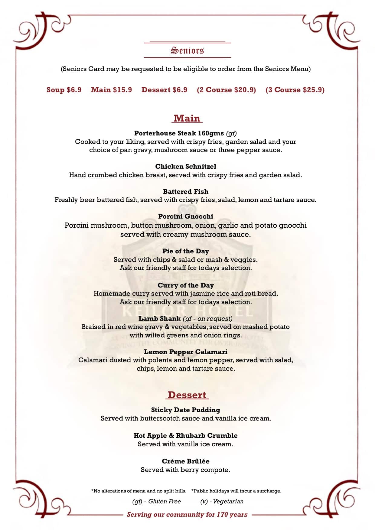 Menu at Keilor Hotel restaurant, Keilor