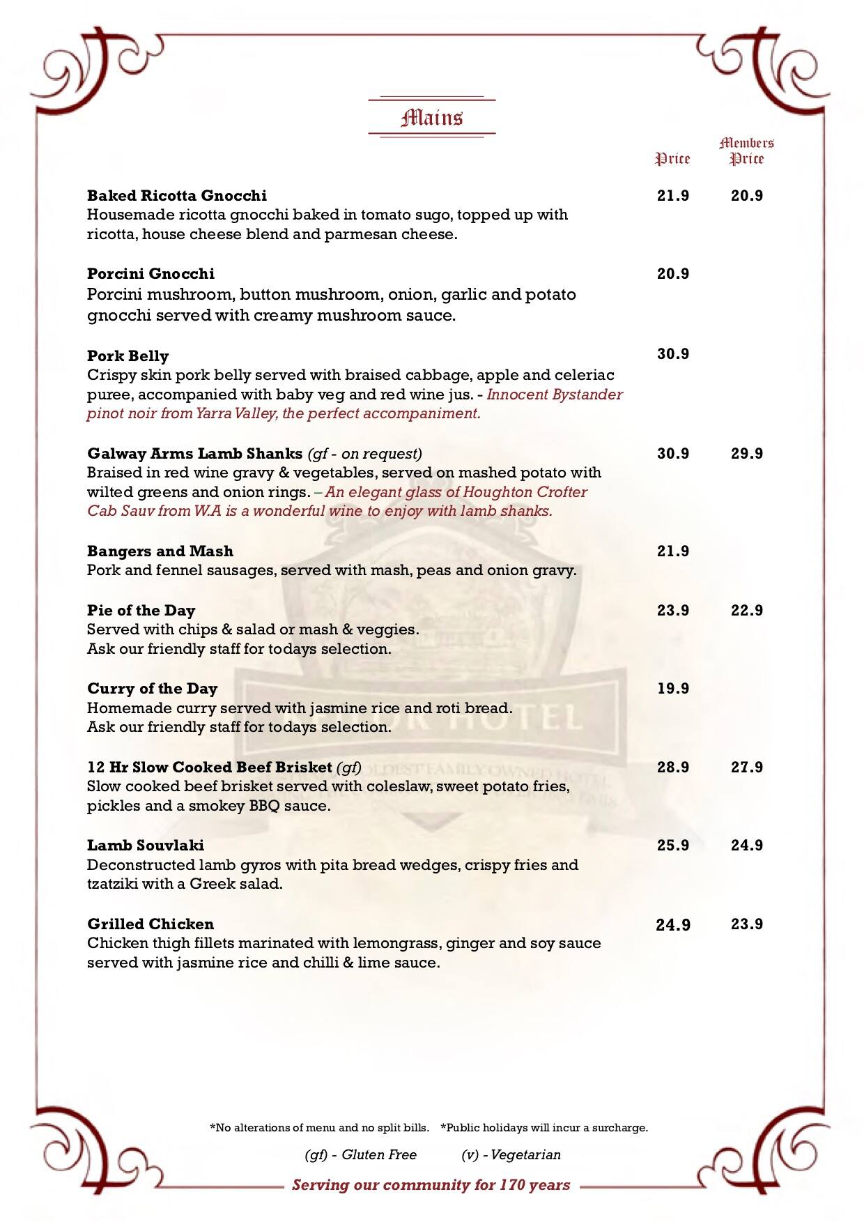 Menu at Keilor Hotel restaurant, Keilor