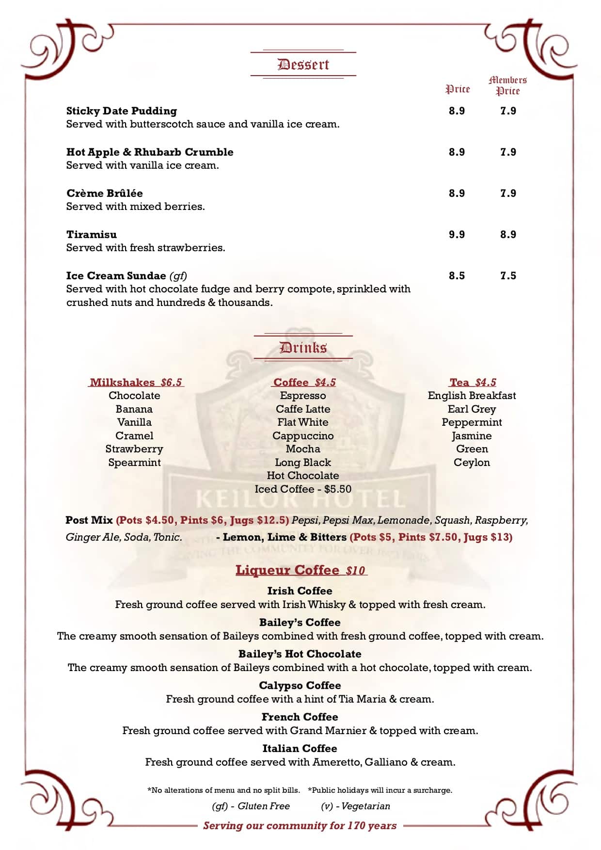 Menu at Keilor Hotel restaurant, Keilor