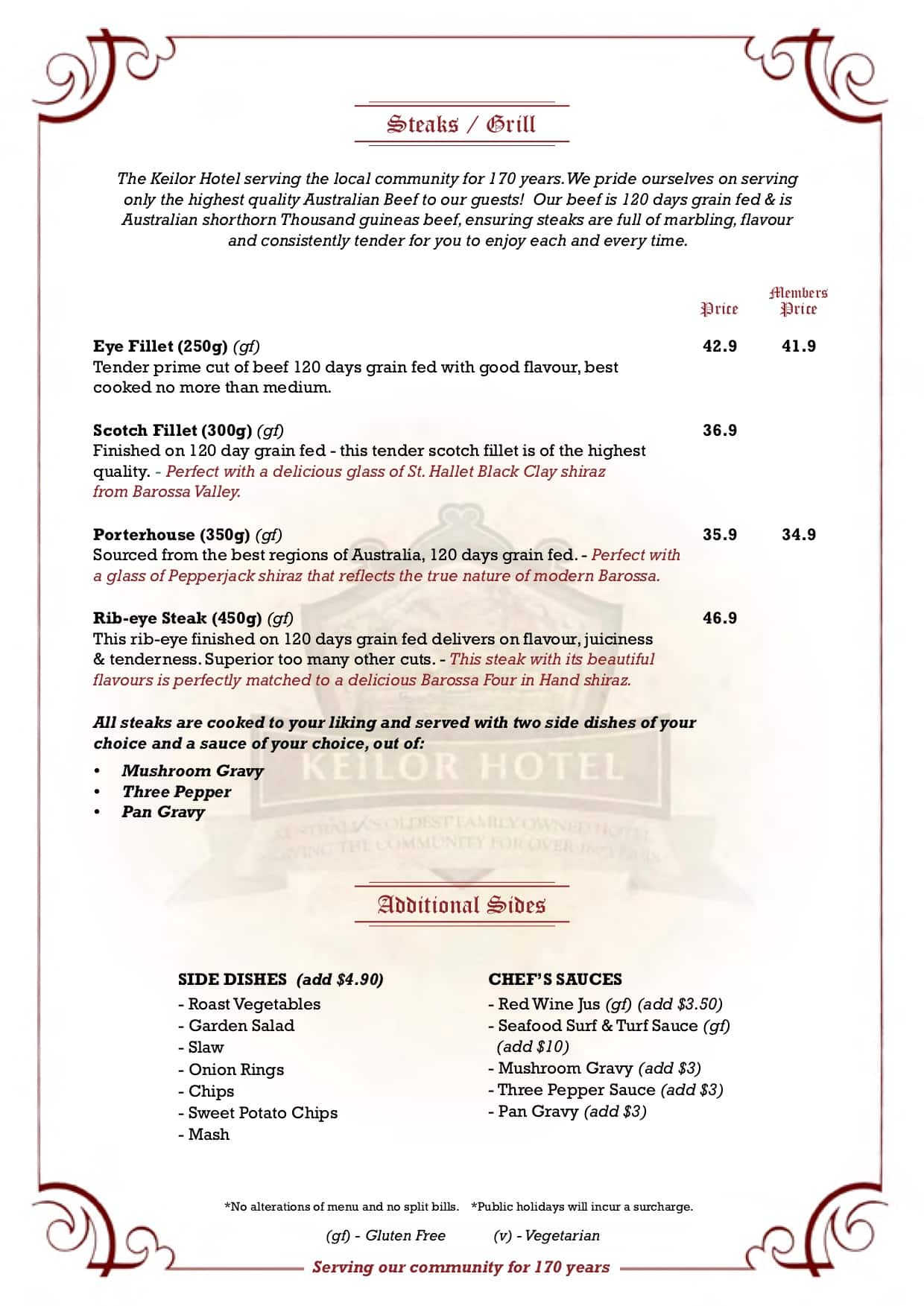 Menu at Keilor Hotel restaurant, Keilor