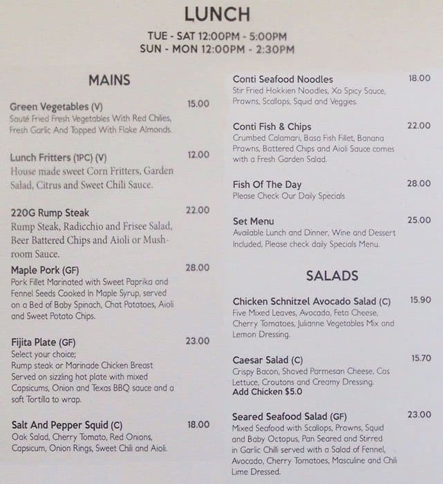 Menu at Cafe Conti, Wilston