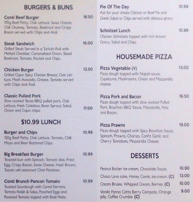 Menu at Cafe Conti, Wilston
