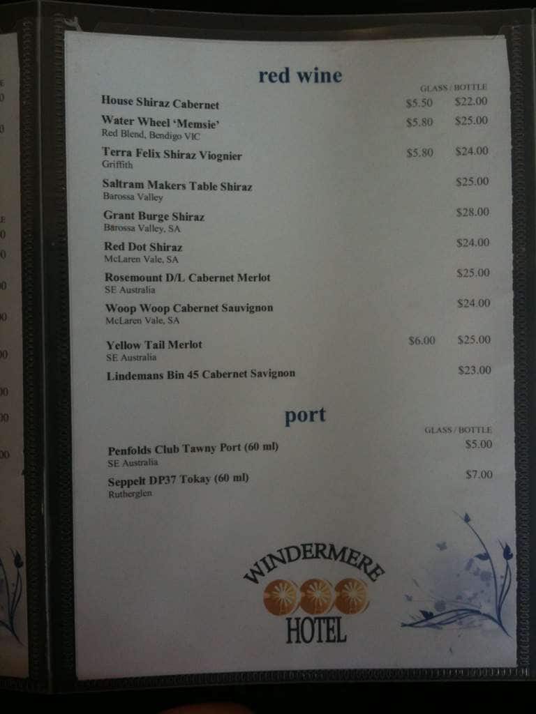 Menu at Windermere Hotel pub & bar, Kangaroo Flat