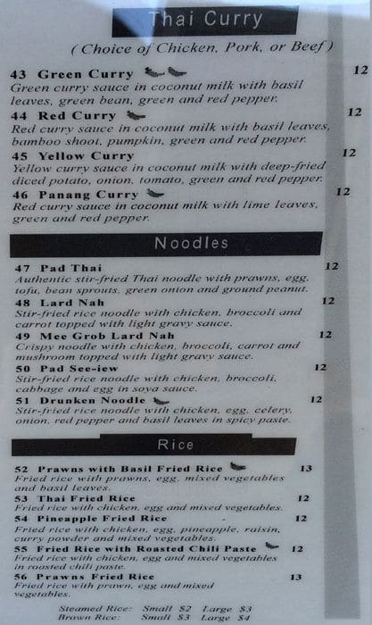 Menu at Pad Thai Restaurant, Pitt Meadows