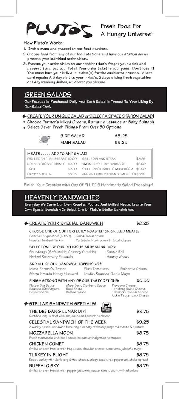 Menu at Pluto’s restaurant, San Francisco, Scott St