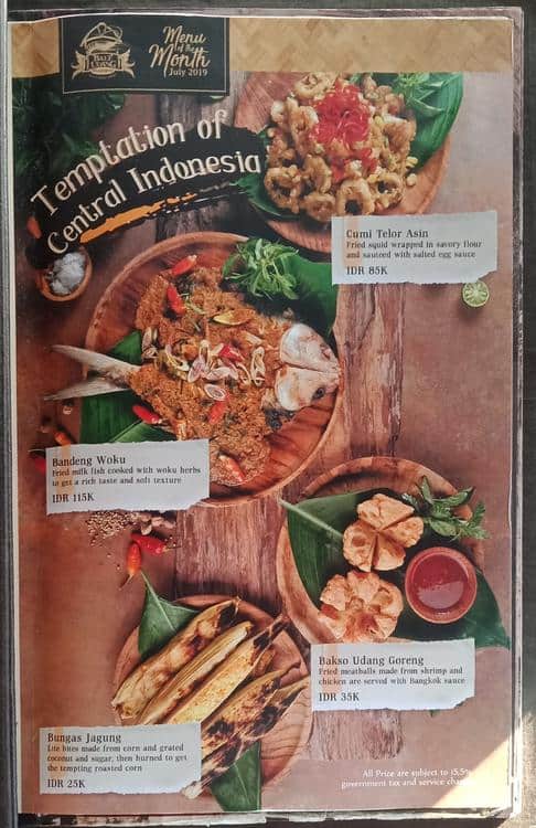 Menu at Bale Udang restaurant, Denpasar
