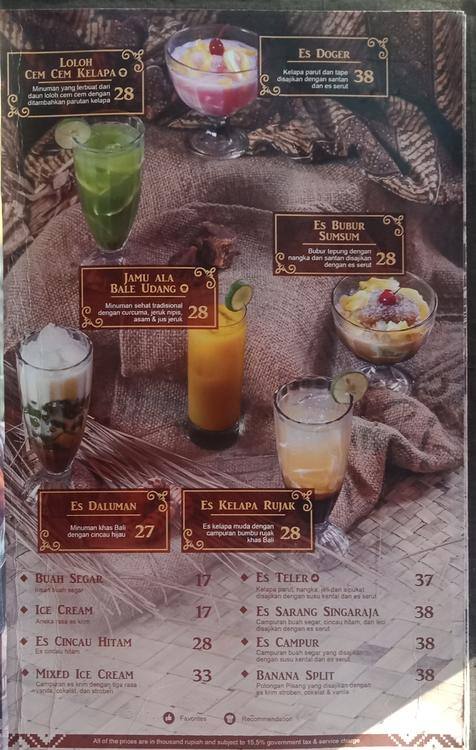 Menu at Bale Udang restaurant, Denpasar