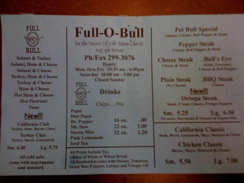 Carta del restaurante Full O Bull Sandwich Shop, Clovis, 632 5th St
