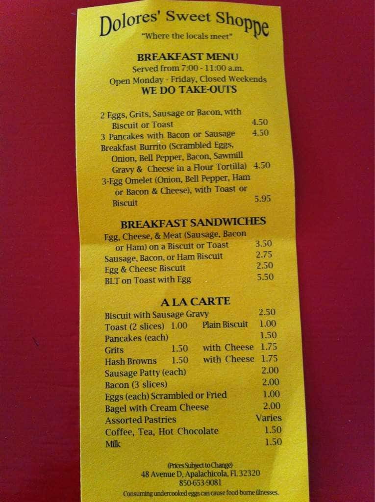 Menu at Dolore's Sweet Shoppe restaurant, Apalachicola, 133 Avenue E