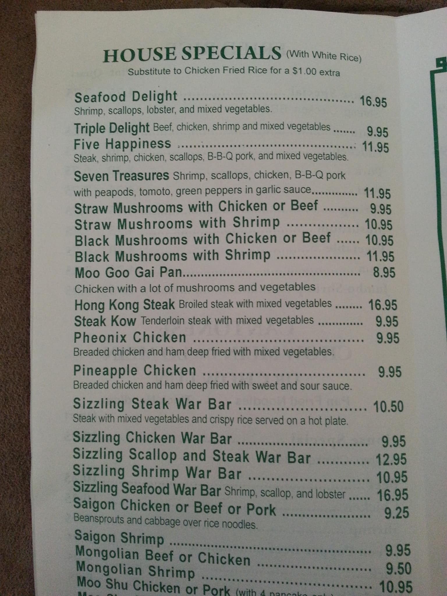 Menu at Kowloon restaurant, Schererville