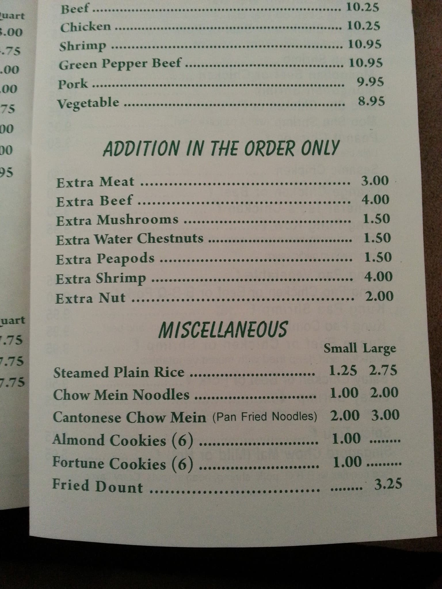 Menu at Kowloon restaurant, Schererville