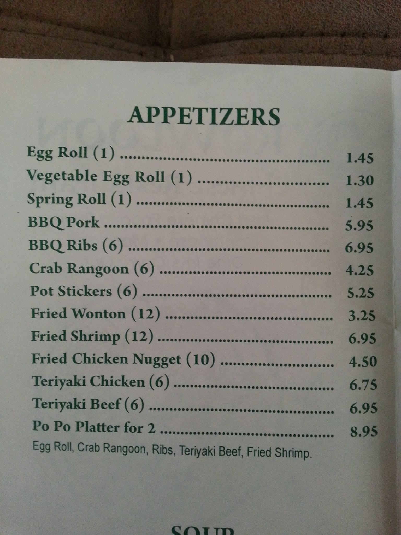 Menu at Kowloon restaurant, Schererville