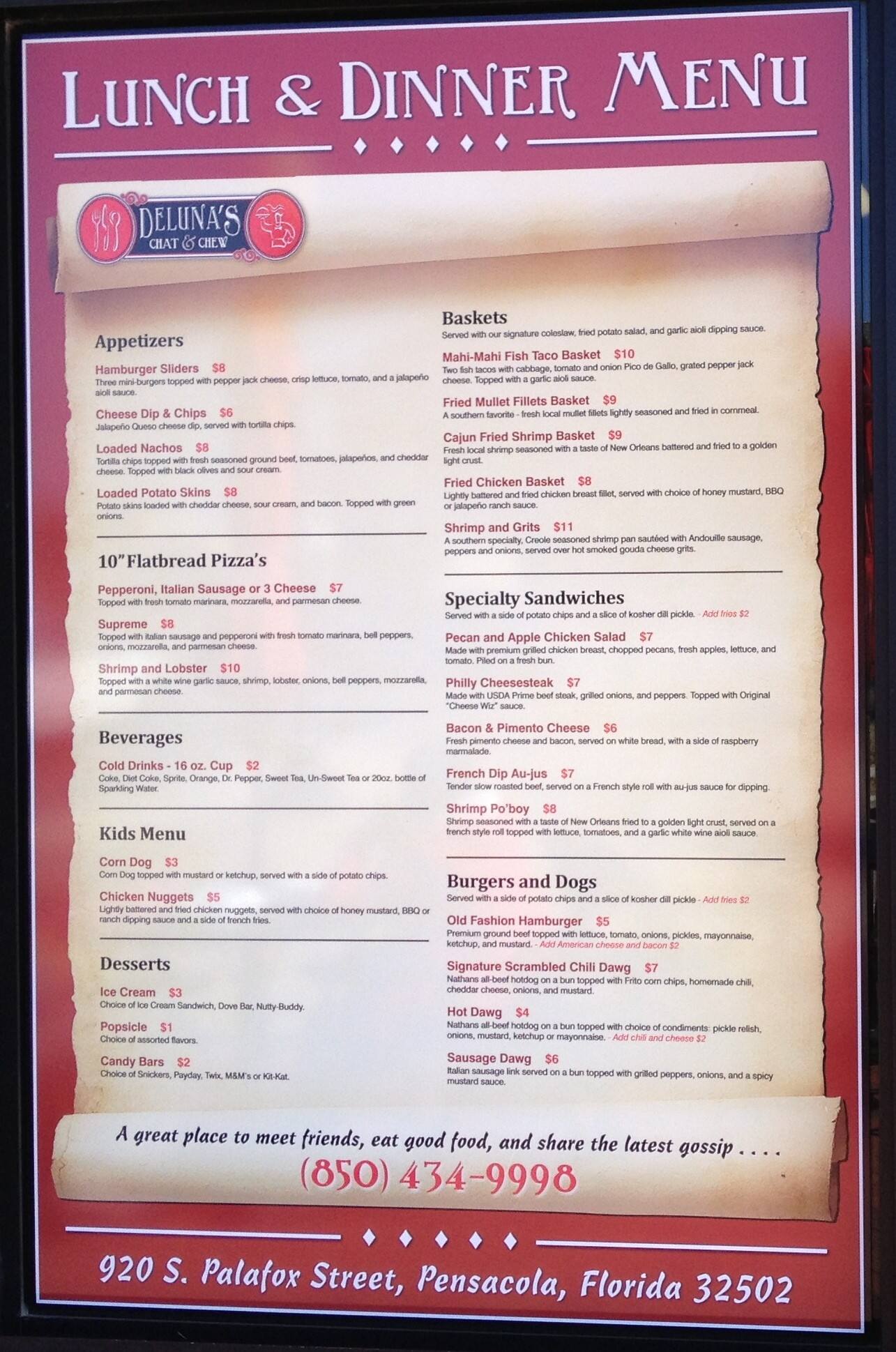 Menu at Deluna's Chat and Chew BBQ, Pensacola, 920 S Palafox St