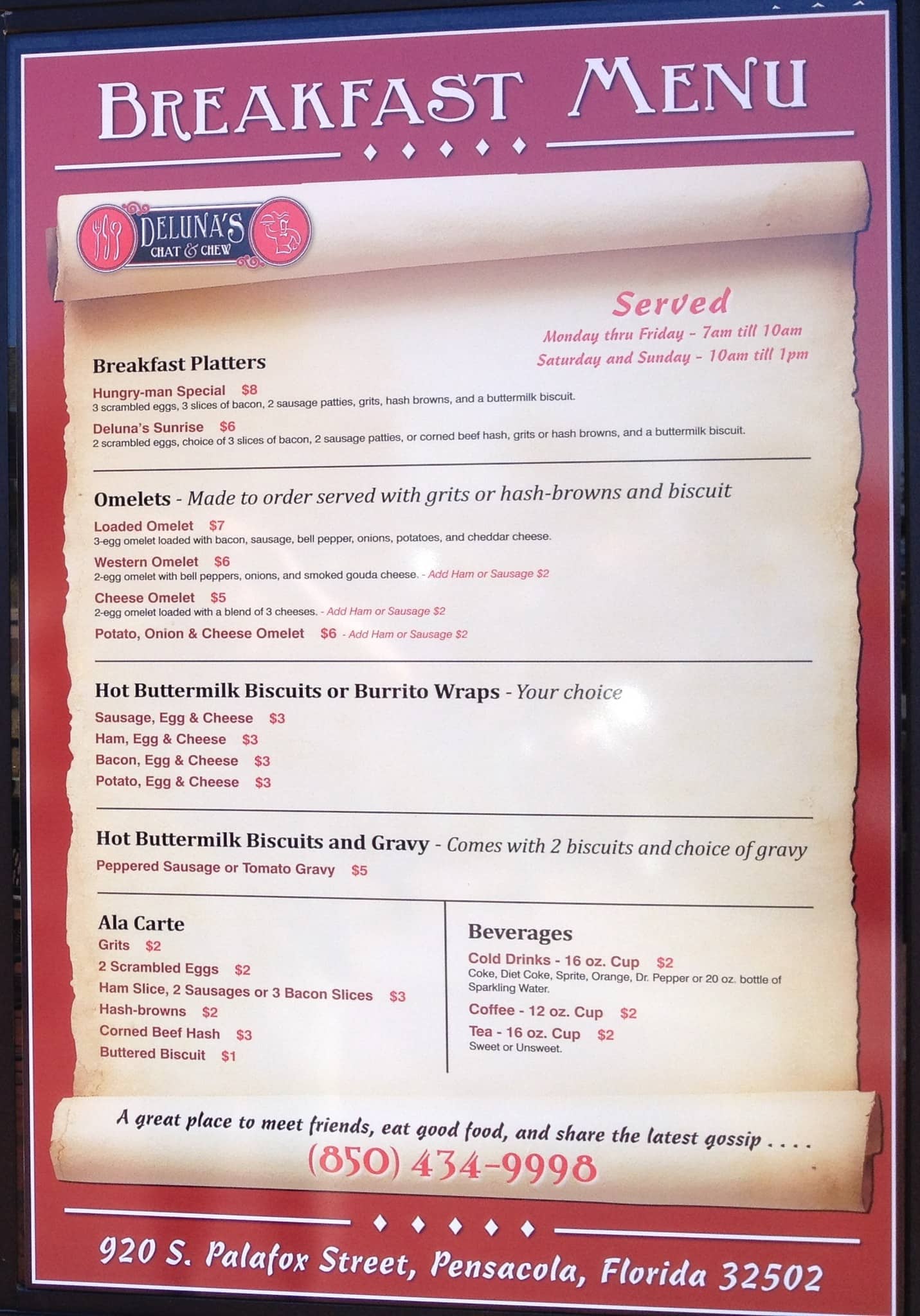 Menu at Deluna's Chat and Chew BBQ, Pensacola, 920 S Palafox St