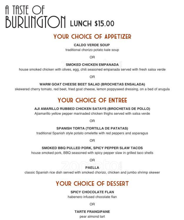 Menu at Barra Fion, Burlington