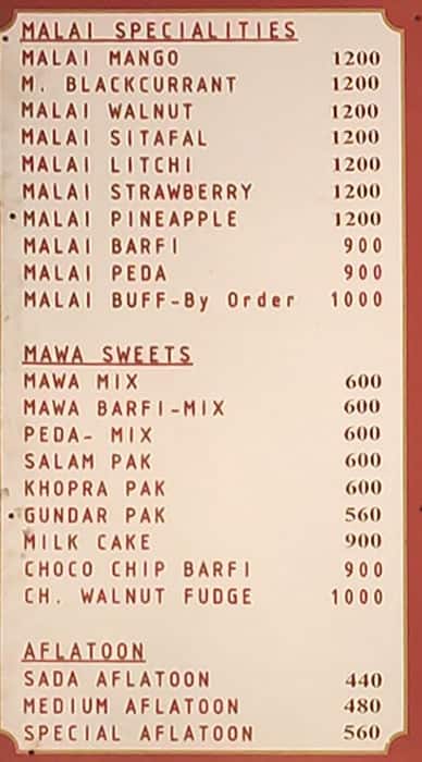 Menu at Tawakkal sweets, Mumbai, Bohri Mohalla