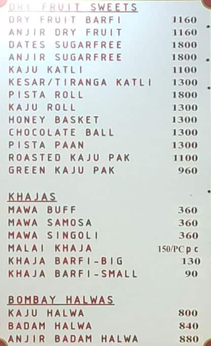 Menu at Tawakkal sweets, Mumbai, 26/28 Khara Tank Road
