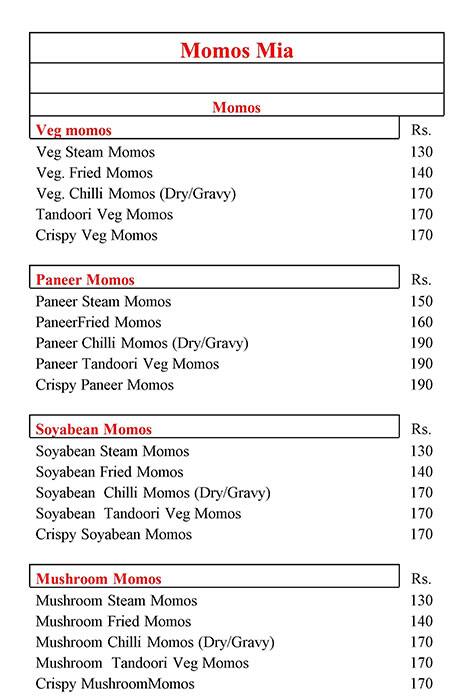 Menu of Momos Mia, Karol Bagh, New Delhi