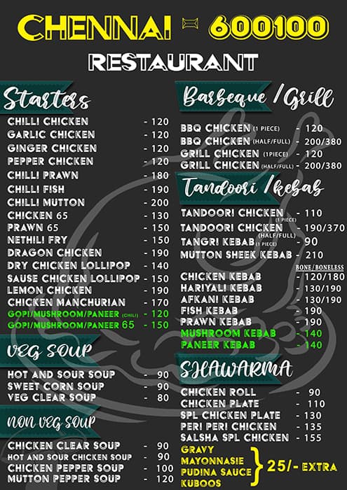 Menu of Chennai - 600100 Restaurant, Pallikaranai, Chennai