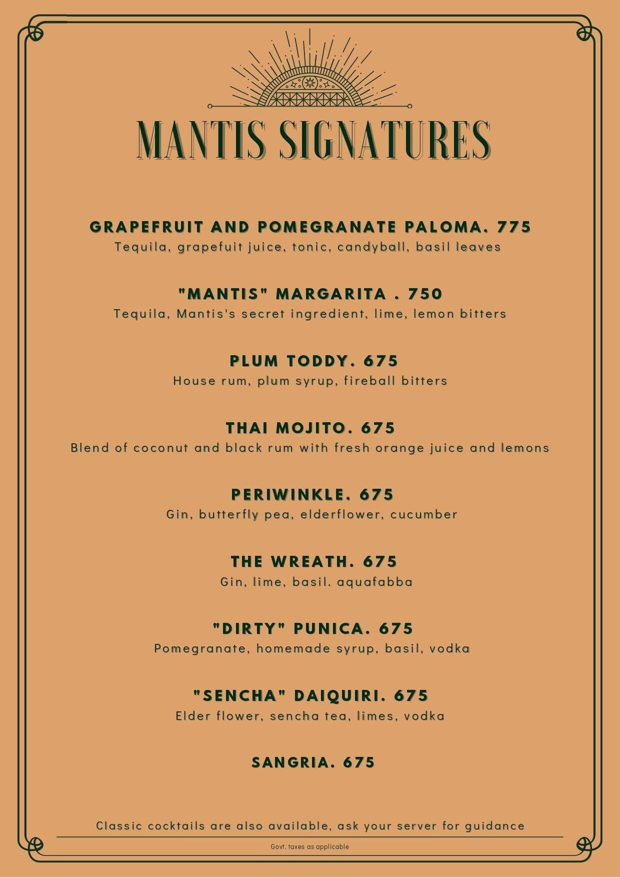 Menu at Green Mantis, New Delhi, 19
