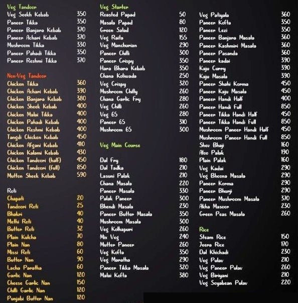 Menu of Hotel Maharashtra Khanaval - The Tandoor House, Lonavala, Pune