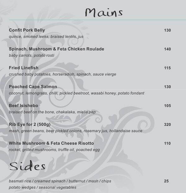 Menu at 2 on Milner restaurant, Cape Town