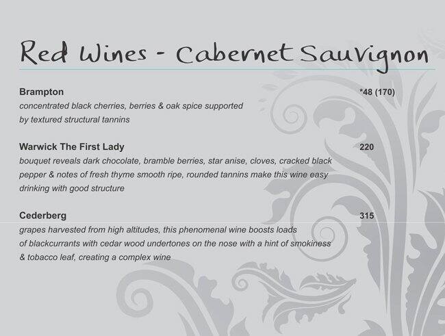 Menu at 2 On Milner - The Cape Milner, Cape Town
