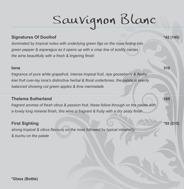 Menu at 2 On Milner - The Cape Milner, Cape Town