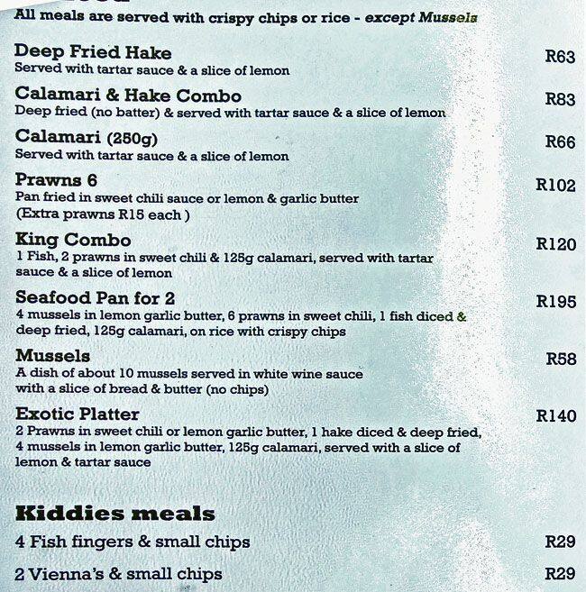 Menu at Gringos Waterfront restaurant, Kleinmond, 20 Harbour Rd