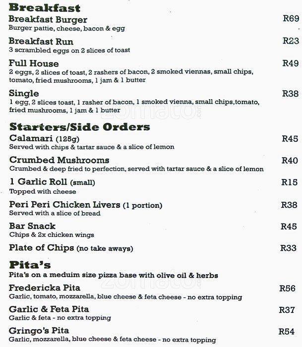 Menu at Gringos Waterfront restaurant, Kleinmond, 20 Harbour Rd