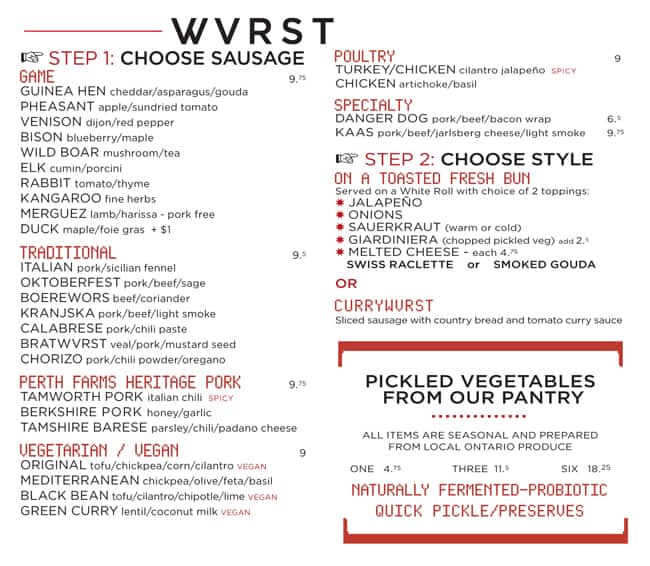 Menu at WVRST pub & bar, Toronto, 609 King St W