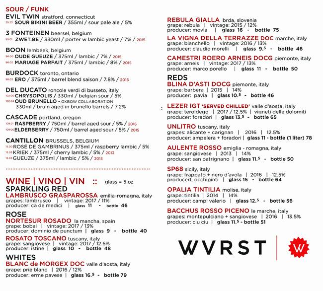 Menu at WVRST pub & bar, Toronto, 609 King St W