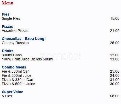 Menu at Pie City restaurant, George, 114 Cradock Street