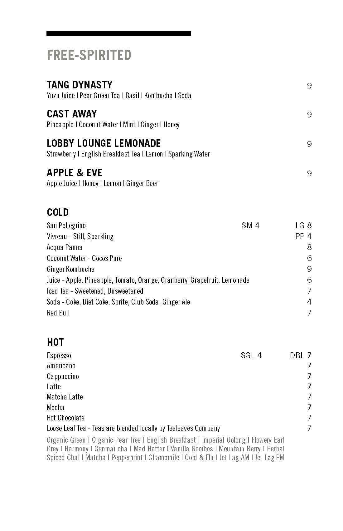 Menu at Lobby Lounge restaurant, Vancouver