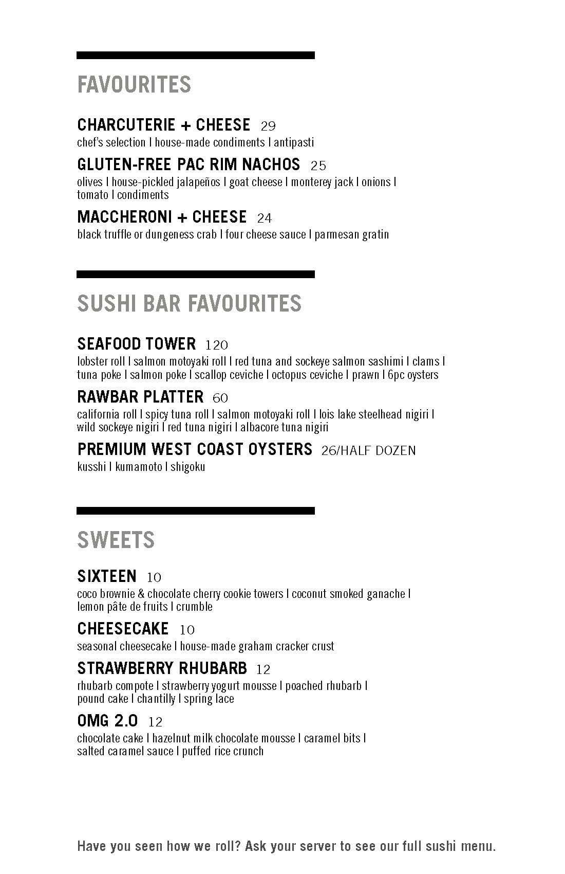 Menu at Lobby Lounge restaurant, Vancouver