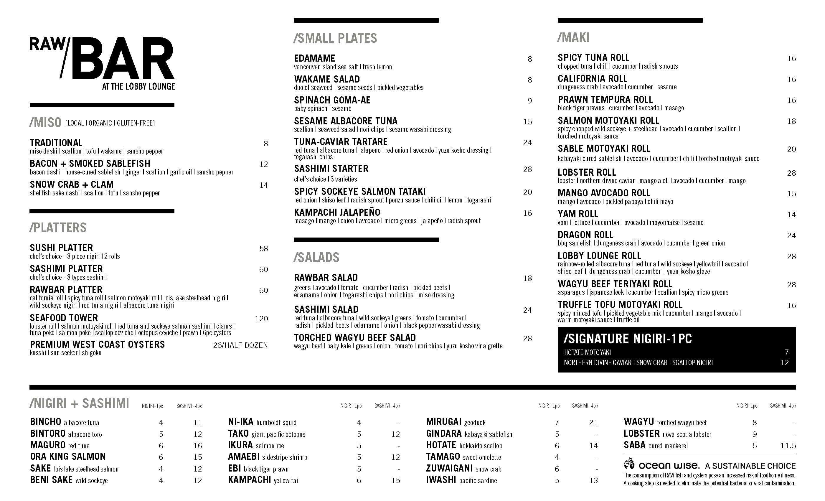 Menu at Lobby Lounge restaurant, Vancouver